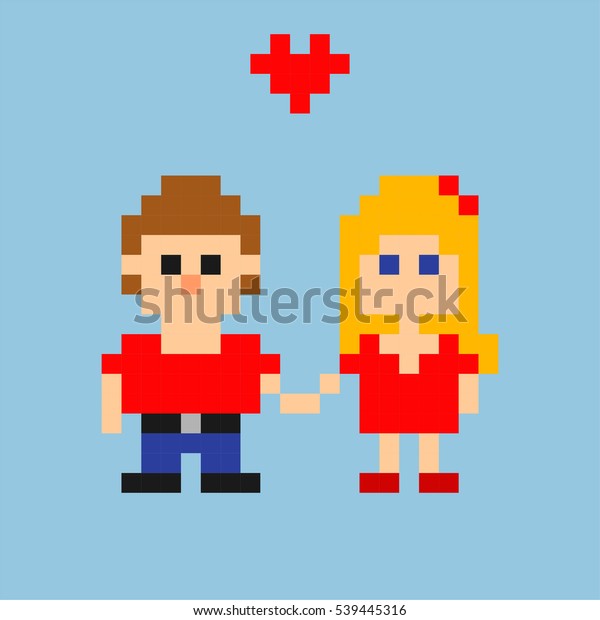 Vektor Stok Pixel Art Young Loving Couple Style (Tanpa Royalti ...