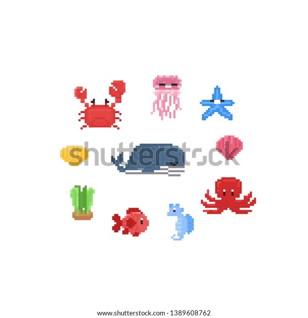 Pixel Cartoon Sea Animals8bit Character Set: เวกเตอร์สต็อก (ปลอดค่า ...