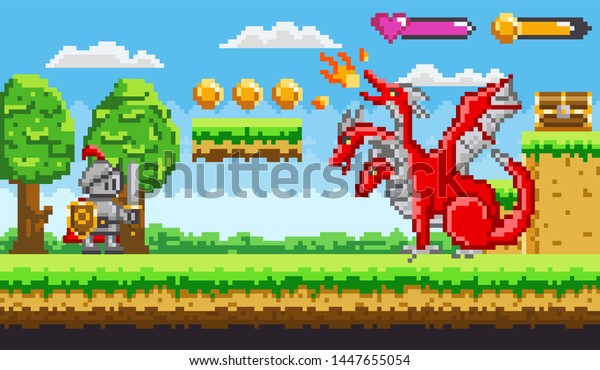 Pixel game knight in armor with sword and shield fighting with red fire ...