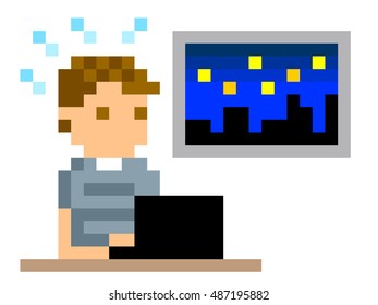 Pixel Illustration Businessman Use Personal Computer Stock Vector ...