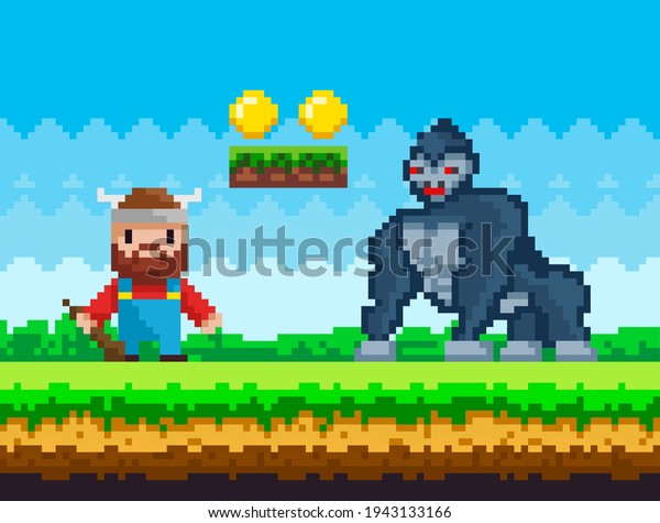 Pixelated Natural Landscape Warrior Viking Holding Stock Vector ...