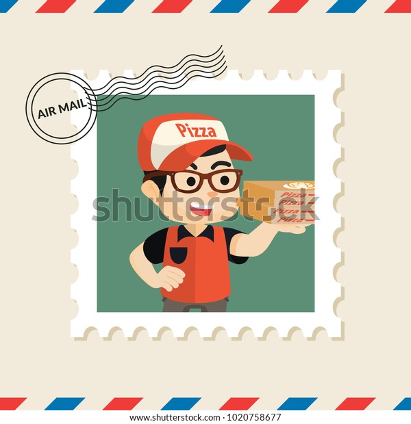 Pizza delivery boy postage stamp on air mail envelope