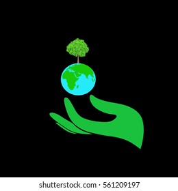 Planet Earth Tree Hand On Black Stock Vector (Royalty Free) 561209197 ...