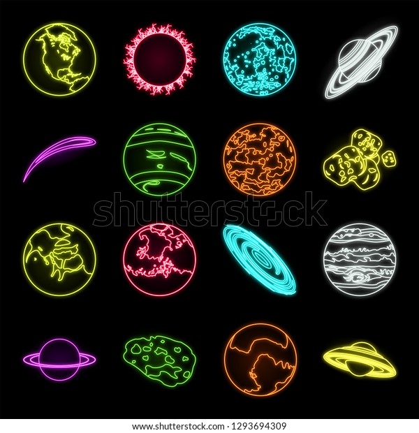 Planets Solar System Neon Icons Set Stock Vector (Royalty Free ...