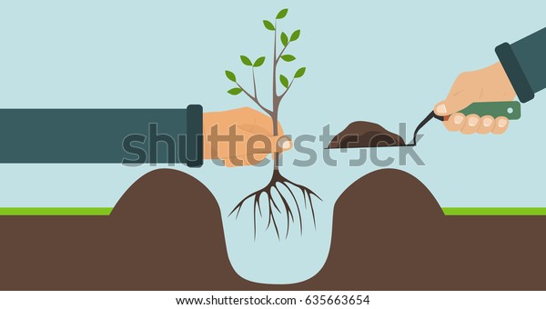 Planting Tree Roots One Hand Holding Stock Vector (Royalty Free ...