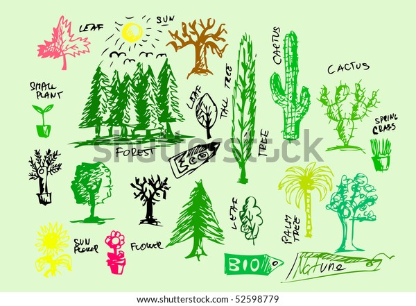 Plat Tree Hand Draw Symbols Stok Vektör (Telifsiz) 52598779 | Shutterstock