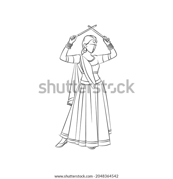 Playing Dandiya Navratri Vector Line Drawing Stock Vector (Royalty Free ...