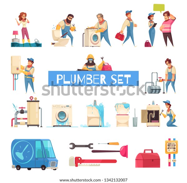 Plumber Big Cartoon Set Burst Pipes Stock Vector (Royalty Free) 1342132007