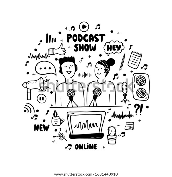 Podcast Show Doodle Round Set Man Stock Vector (Royalty Free) 1681440910