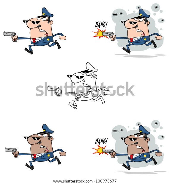 Police Man Running Gun Vector Collection Stock Vector (Royalty Free ...