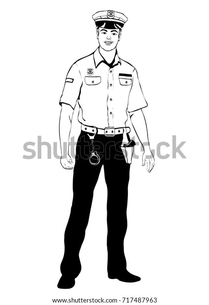 Police officer standing front side, vector outline cartoon portrait ...