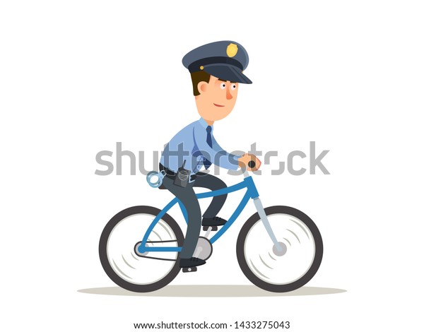 Policeman riding a bicycle. Vector illustration, flat design, cartoon ...
