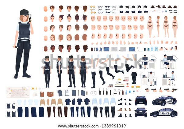 Policewoman animation set or DIY kit. Bundle of female police officer ...