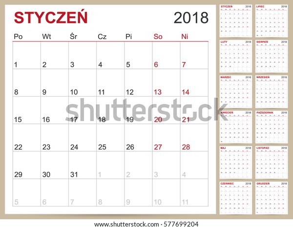 Polish Calendar Template Year 2018 Set Stock Vector (Royalty Free ...