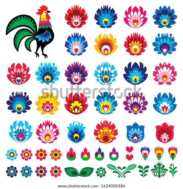 Polish folk art vector design elements - flower, rooster, leaves ... Polish folk art vector design elements - flower, rooster, leaves ...