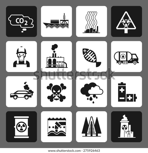 Pollution Dangerous Earth Damage Icons Black Stock Vector (Royalty Free ...