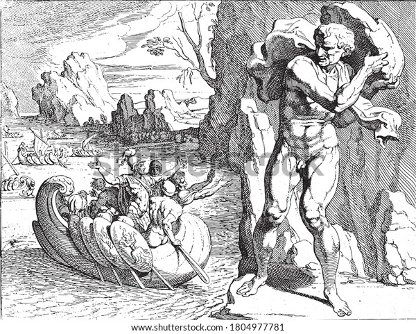 Polyphemus Throws Rock Ship Odysseus Giant Stock Vector (Royalty Free ...