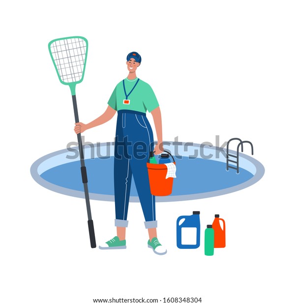 Pool Maintenance Worker Chemical Cleaning Products Stock Vector ...