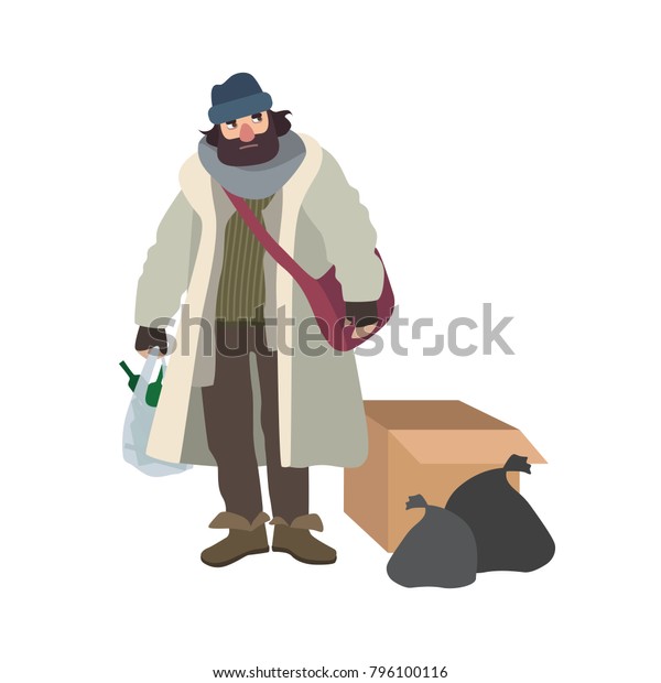 Poor homeless man dressed in ragged clothes standing beside carton box ...