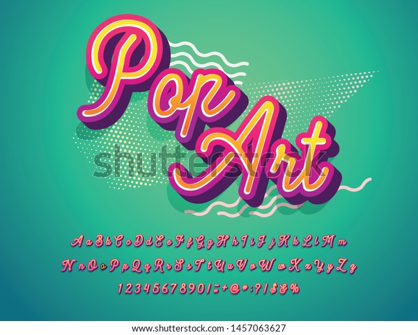 Pop art. 3D alphabet, script cartoon font. Retro colorful design.