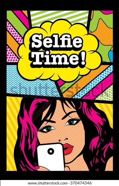 Ilustración de vectores de tarjetas de arte pop. Mujer con teléfono