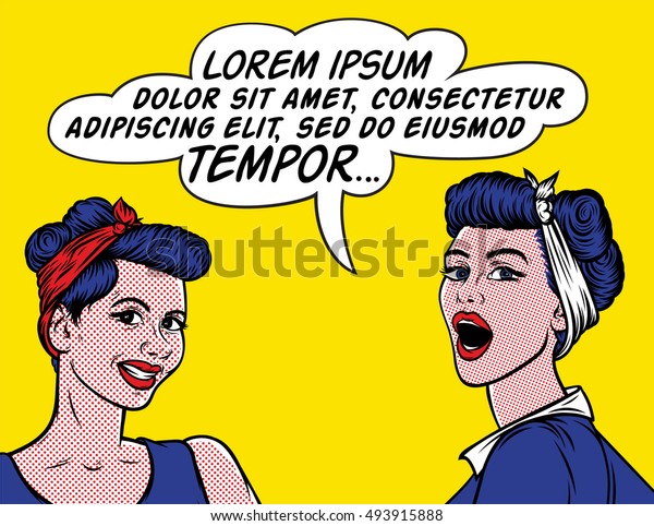 Pop Art Retro Comic Vector Illustration Two Young Girls One Speaks
