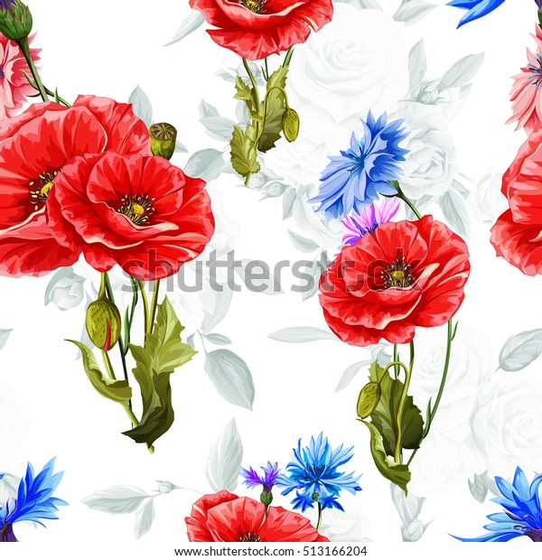Poppy Cornflowers Roses On Background Seamless Stock Vector (Royalty ...