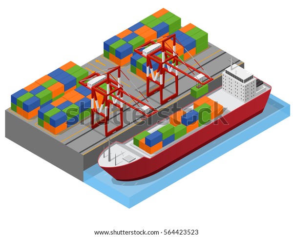 Port Town and Barge Ship Isometric View Loading Color Freight ...