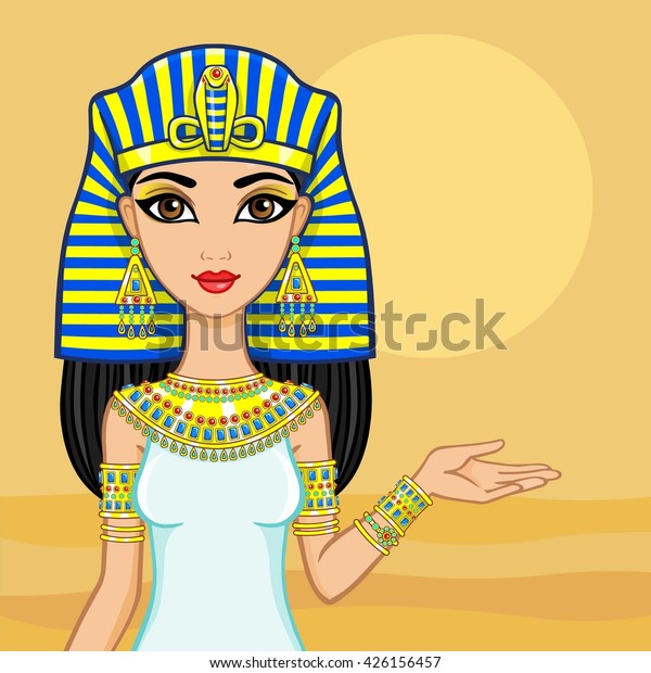 Portrait of the animation Egyptian princess. Background desert. Vector ...