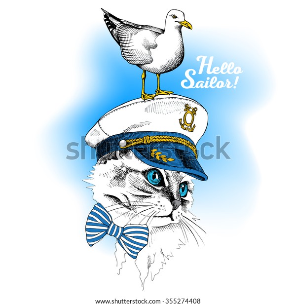 Portrait Cat Wearing Sailors Hat Seagull Stock Vector (Royalty Free ...
