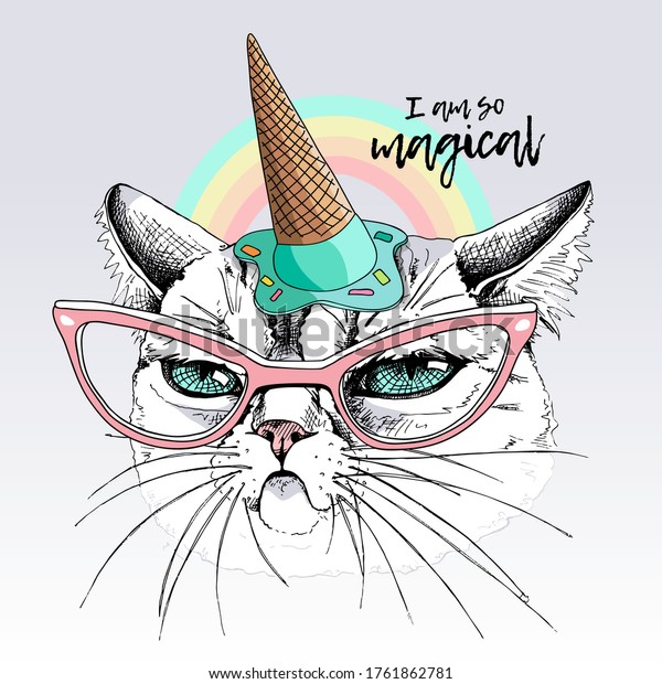 Portrait of the funny Grumpy cat in the glasses and in the Ice cream ...