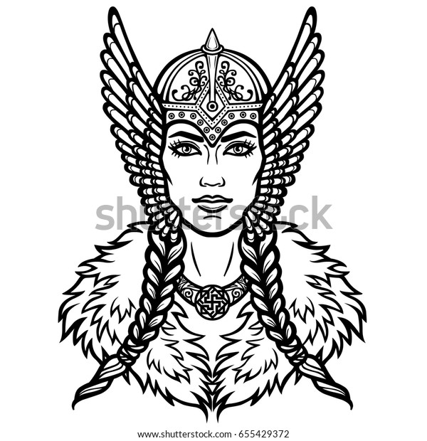 Portrait Woman Valkyrie Linear Drawing Vector: стоковая векторная ...