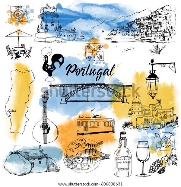 Portugal. Conjunto vetorial desenhado à mão com textura aquarela