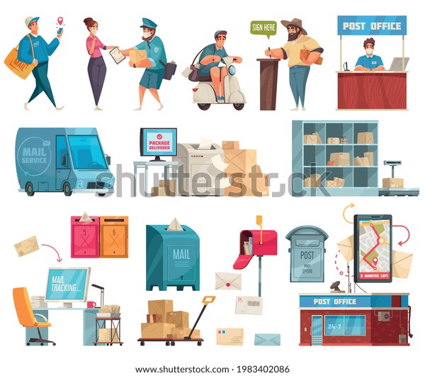 Post Office Cartoon Set Postal Delivery Stock Vector (Royalty Free ...