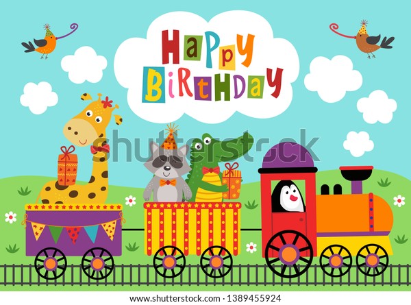 Poster Funny Animals Ride Train Happy Stock Vector (Royalty Free ...