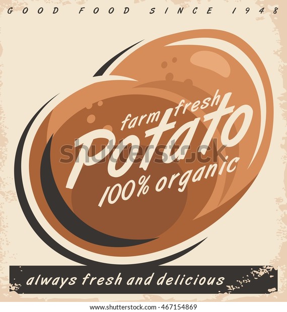 Potatoes retro label design with farm fresh organic potato on old paper ...