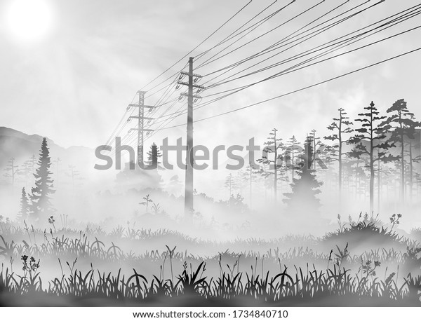 Power Line Countryside Vector Realisic Illustration Stock Vector ...