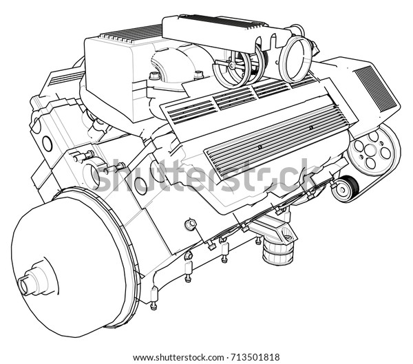 Powerful Car Engine Engine Drawn Black Stock Vector (Royalty Free ...