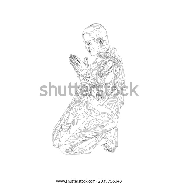 Praying Monk Line Art Scribble Art Stock Vector (Royalty Free ...