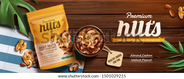 Premium Nuts Banner Ads On Wooden Stock Vector (Royalty Free) 1501029215