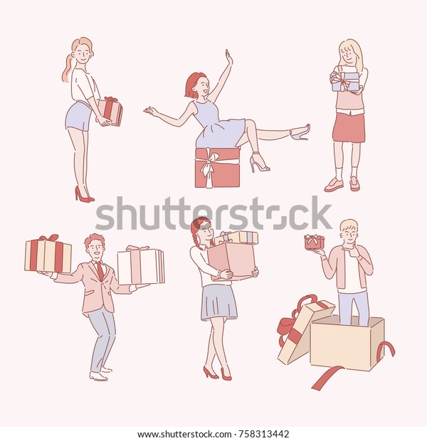 Present People Character Hand Drawn Illustrations Stock Vector (Royalty ...