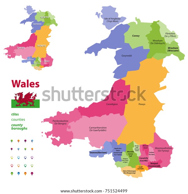 Preserved Counties Wales Vector Administrative Map: vector de stock ...