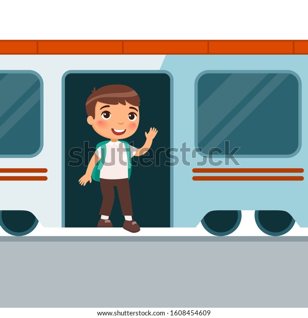Preteen Boy Getting Off Train Flat Stock Vector (Royalty Free) 1608454609