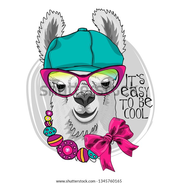 Pretty lama with glasses, green hat and necklace. Hand drawn ...