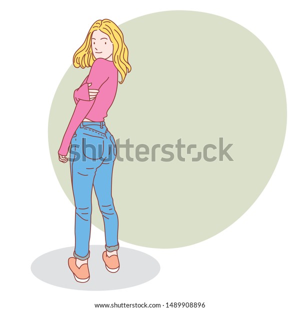 Pretty Woman Standing Looking Back Hand: เวกเตอร์สต็อก (ปลอดค่า ...
