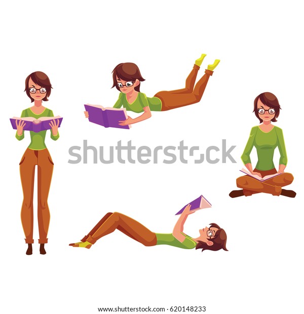 Pretty Young Woman Reading Different Positions Stock Vector (Royalty ...