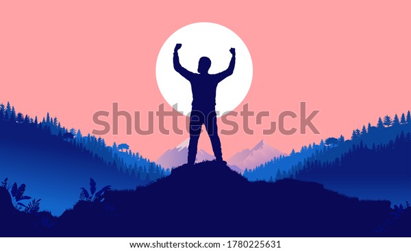 Prevail Silhouette Man Raised Hands Front Stock Vector (Royalty Free ...