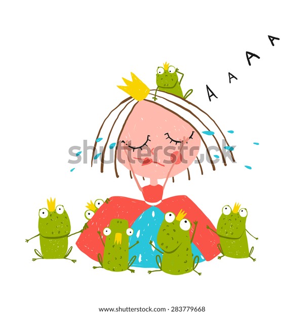 Princess Crying and Many Prince Frogs Colored Drawing. Colorful fun ...