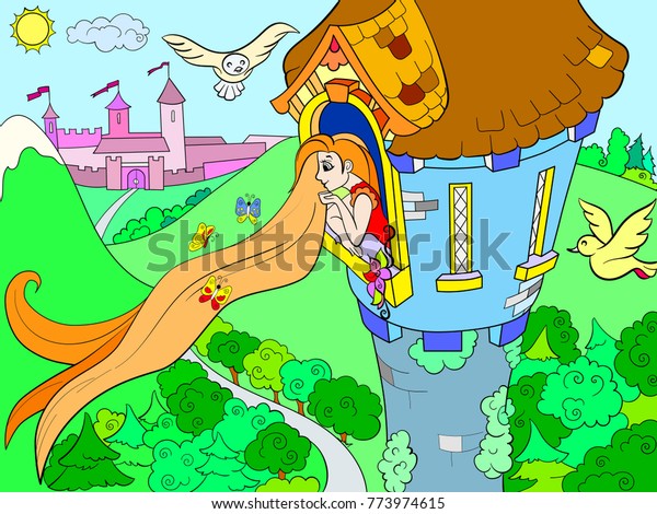 Princess Rapunzel Stone Tower Children Cartoon Stock Vector (Royalty ...