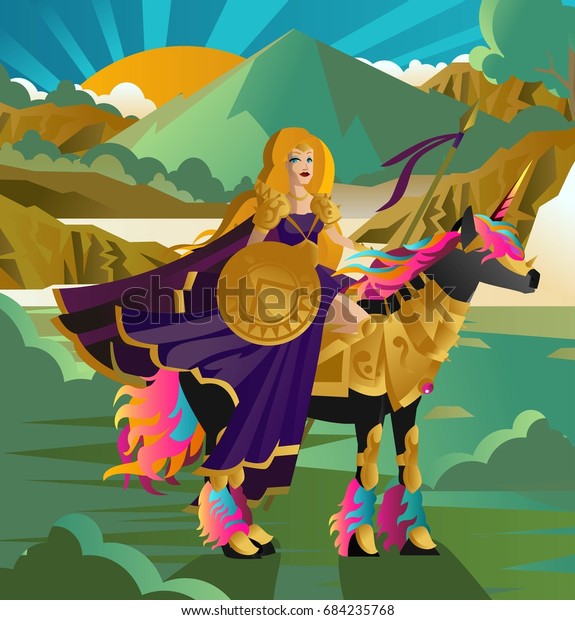 Princess Warrior Spear Riding Unicorn Valley Stock Vector (Royalty Free ...